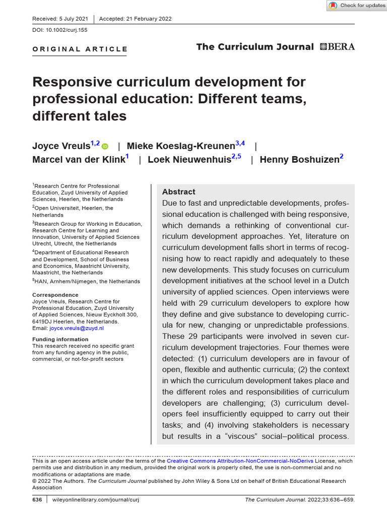 The Curriculum Journal - 2022 - Vreuls - Responsive Curriculum ...