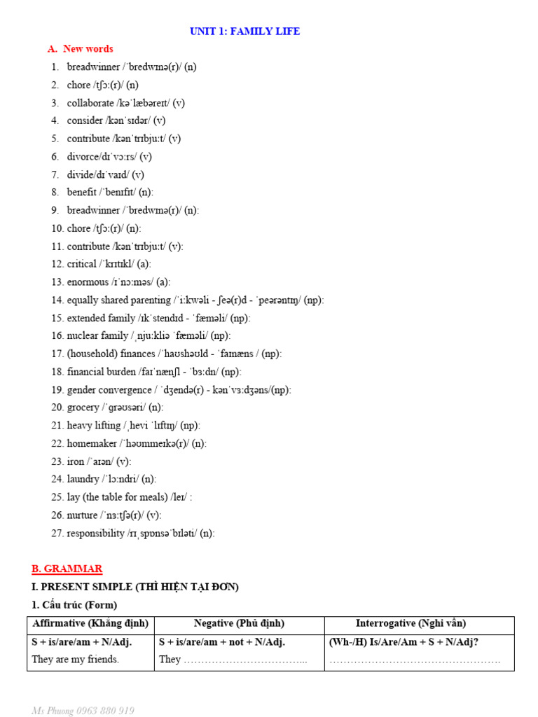 A. New Words: Unit 1: Family Life | PDF