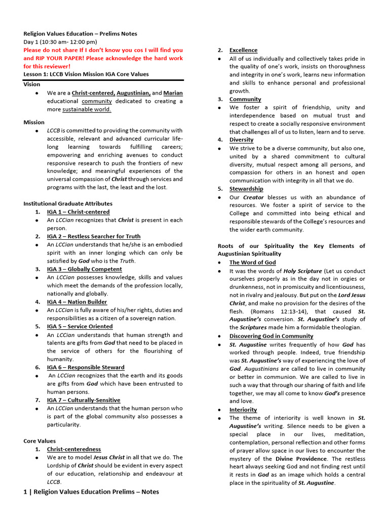 Religion Values Education Reviewer | PDF