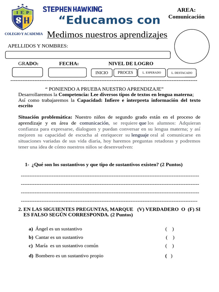 Examen de Comunicacion 2do Grado | PDF
