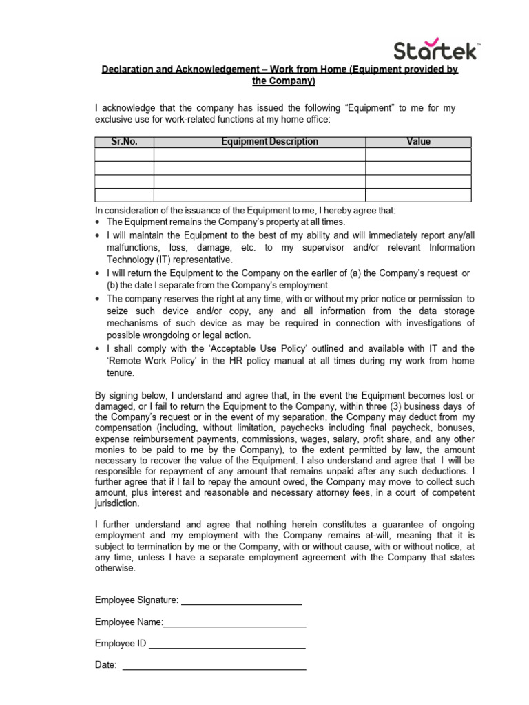 Declaration and Acknowledgement Form - Equipment Owned by The Company | PDF