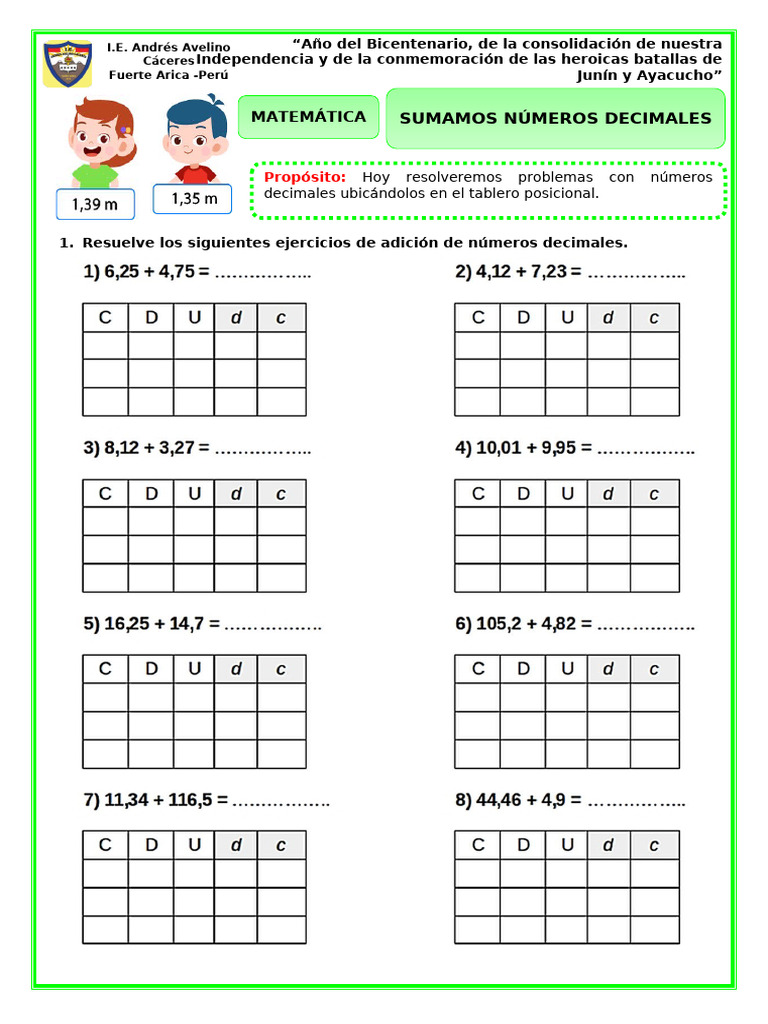 Ficha-Lun-Mat-Sumamos Números Decimales | PDF Ficha-Lun-Mat-Sumamos Números Decimales | PDF