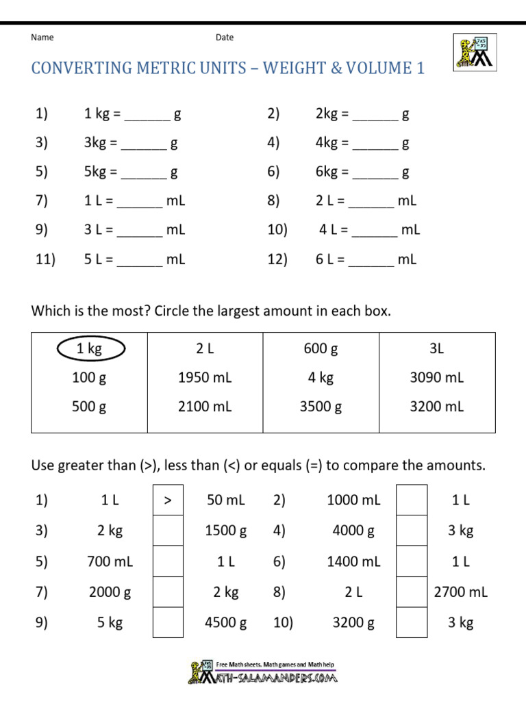 Converting Metric Units Weight Volume 1 | PDF