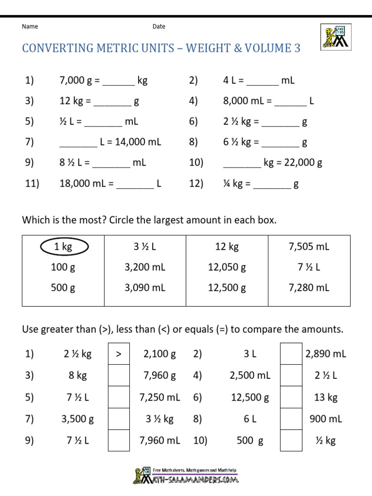 Converting Metric Units Weight Volume 3 | PDF