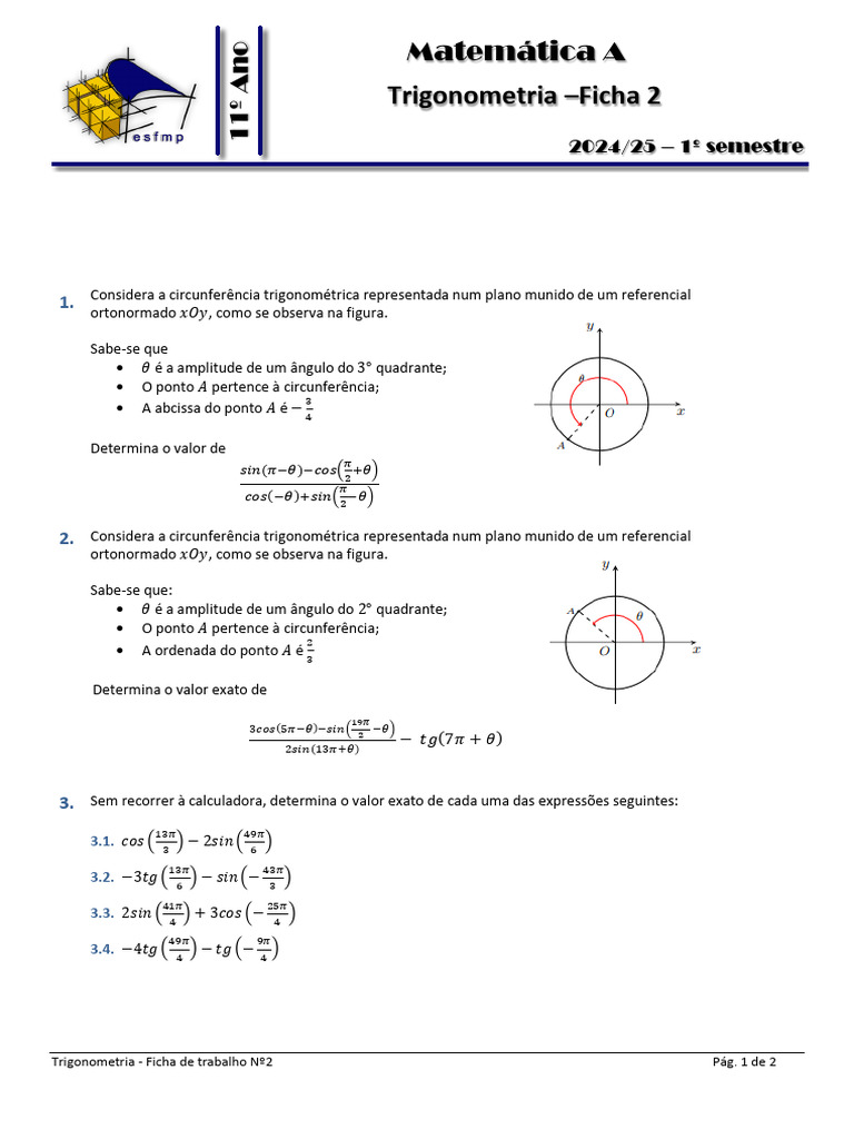 1 - Trigonometria - Razões Trigonométricas - Ângulo Generalizado - Ficha - 2 | PDF | Métodos e ...