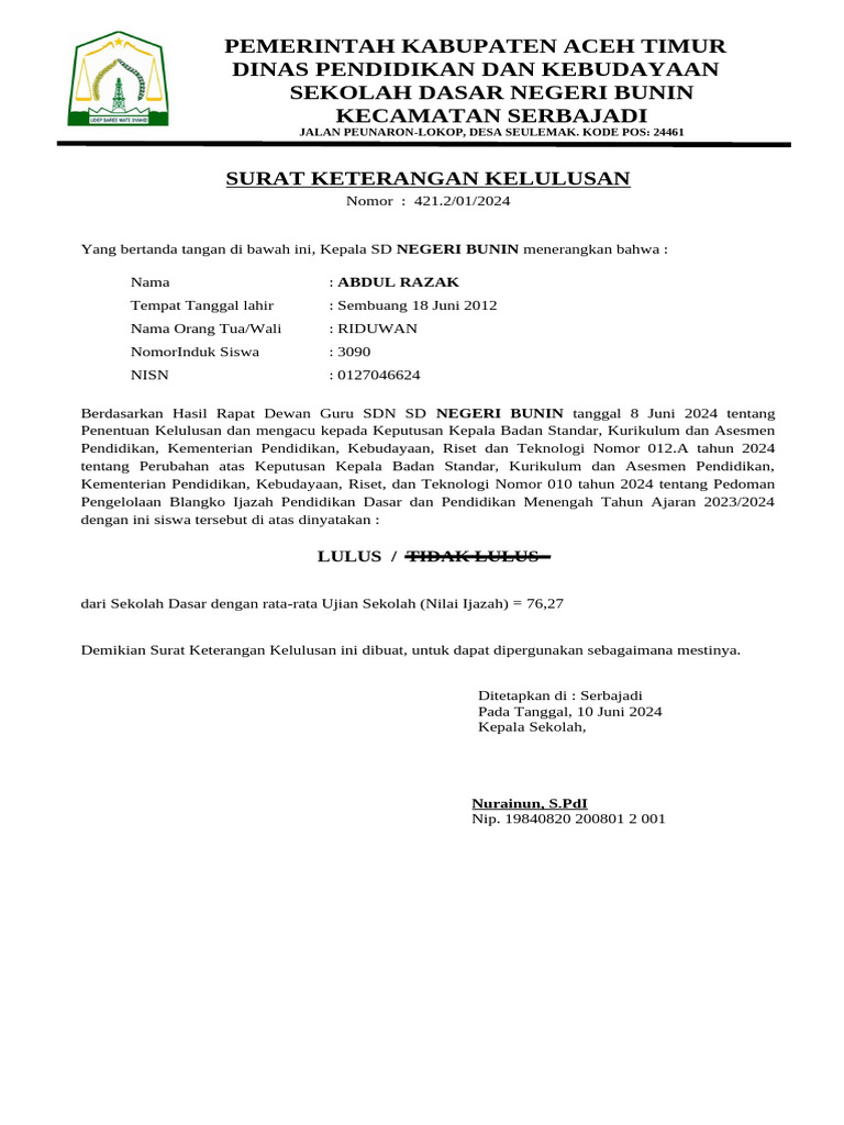 Surat Keterangan Kelulusah SD Bunin Tahun 2024 | PDF