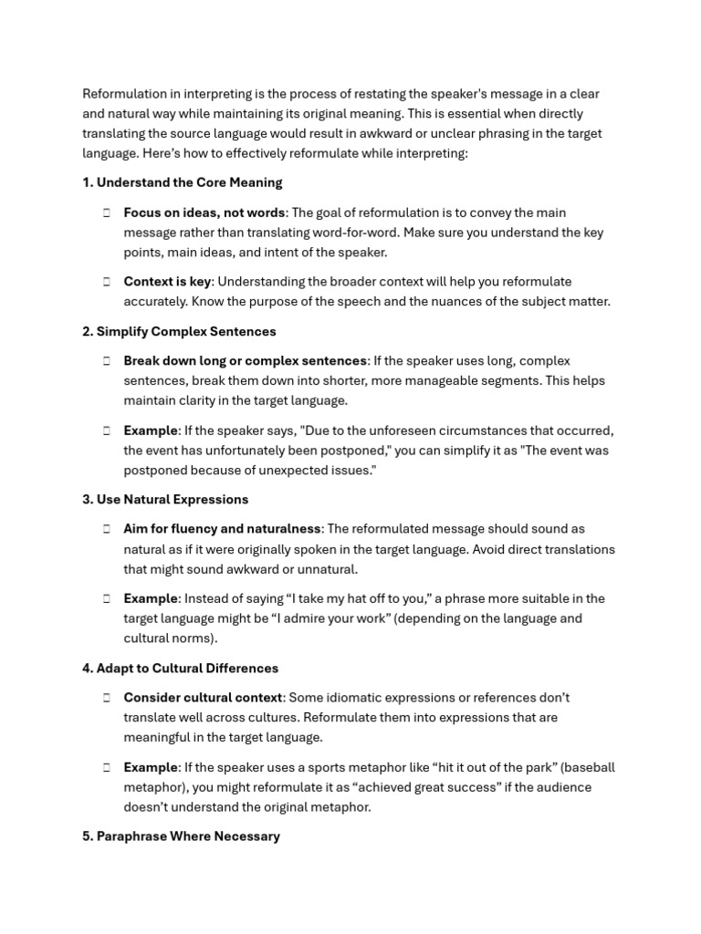 Reformulation in Interpreting Is The Process of Restating The Speaker | PDF
