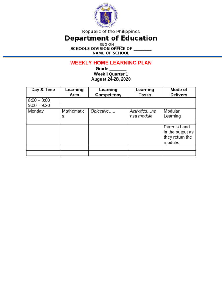 Weekly Home Learning Plan | PDF