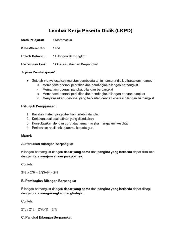LKPD Bilangan Berpangkat | PDF