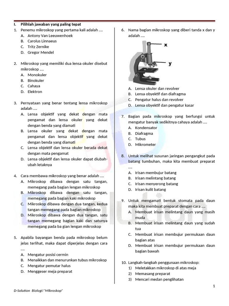 Soal Biologi Kelas 7 Semester 1 Mikroskop | PDF