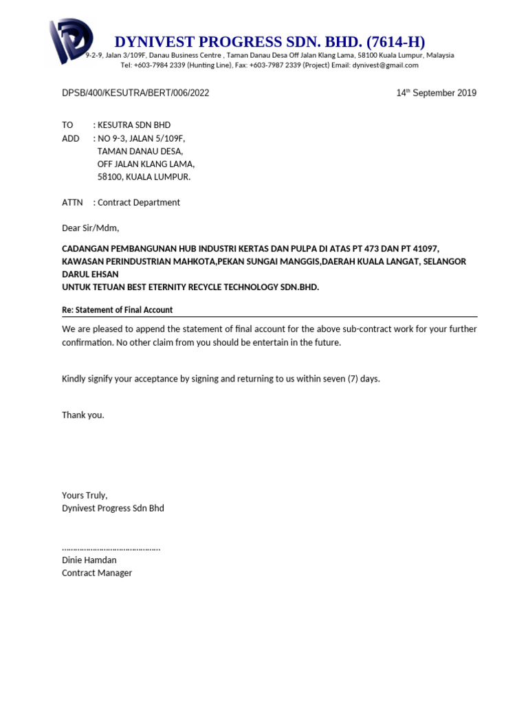 Final Account Letter | PDF