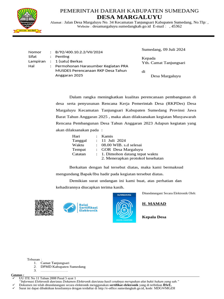 Surat Undangan Nara Sumber Pra Musdes Juli 2024 | PDF