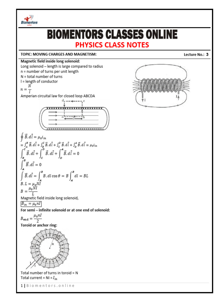 L3-Moving Charges and Magnetism - Classnotes | PDF