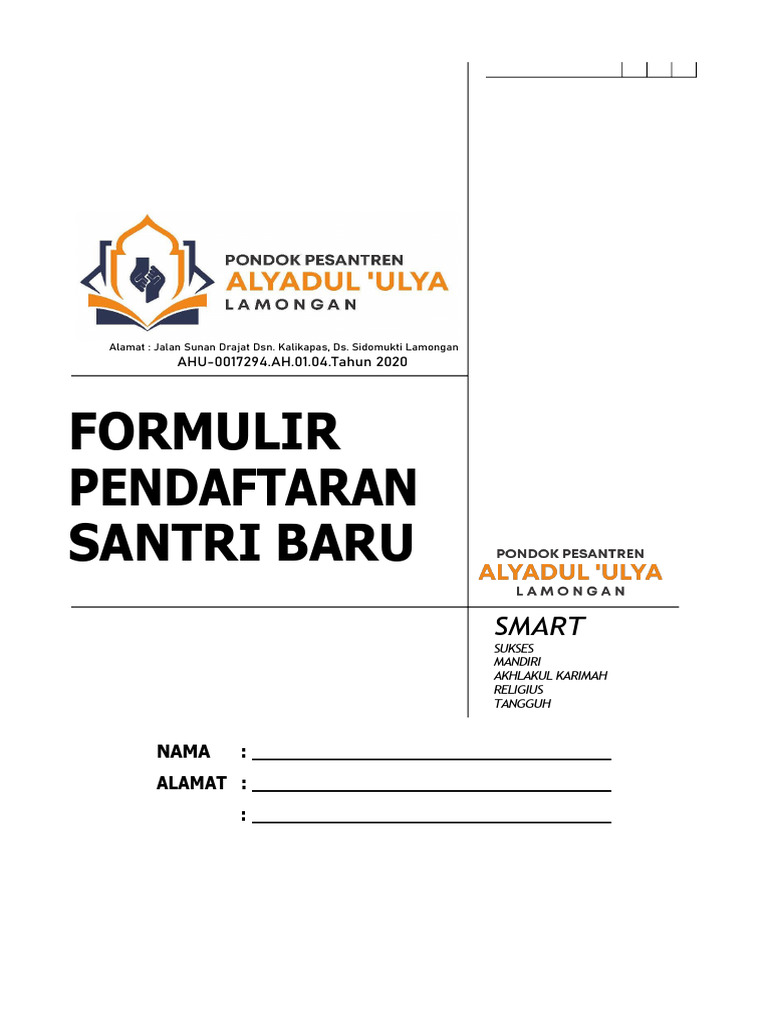 Formulir Pendaftaran Santr Ponpes Alyadul Ulya | PDF