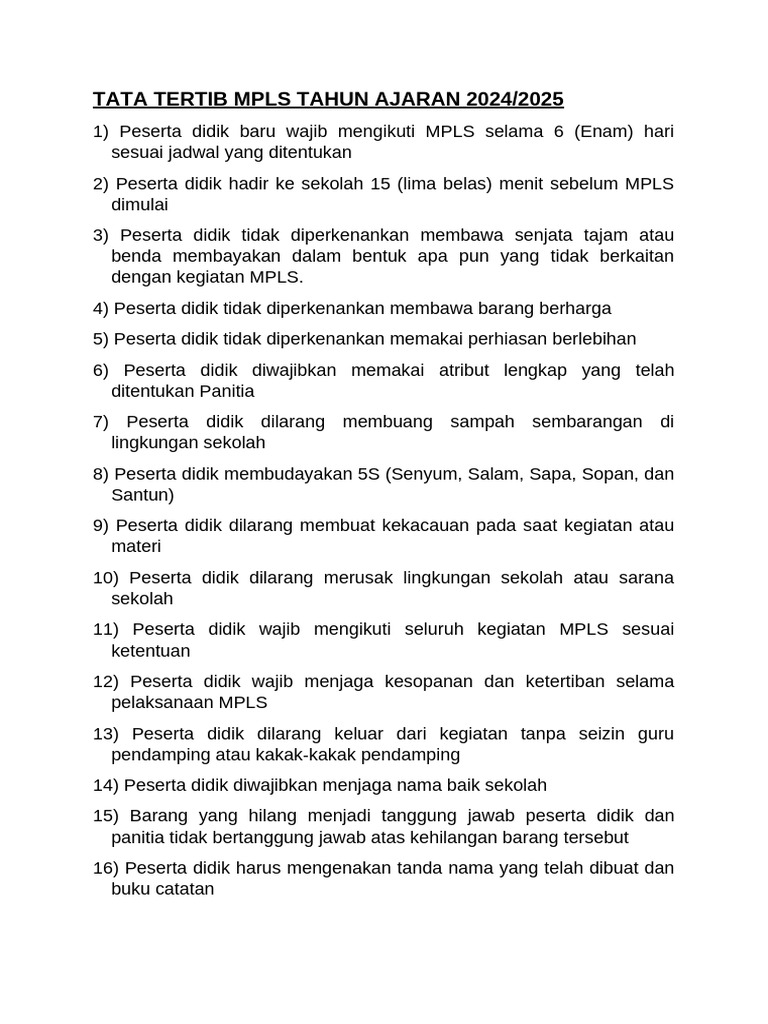 Tata Tertib MPLS Tahun Ajaran 2024 | PDF