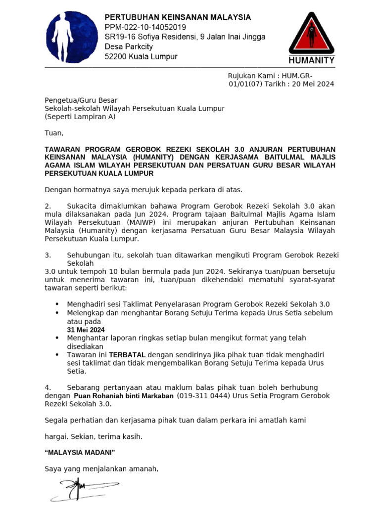 Surat Terima Tawaran Gerobok Rezeki 2024 | PDF