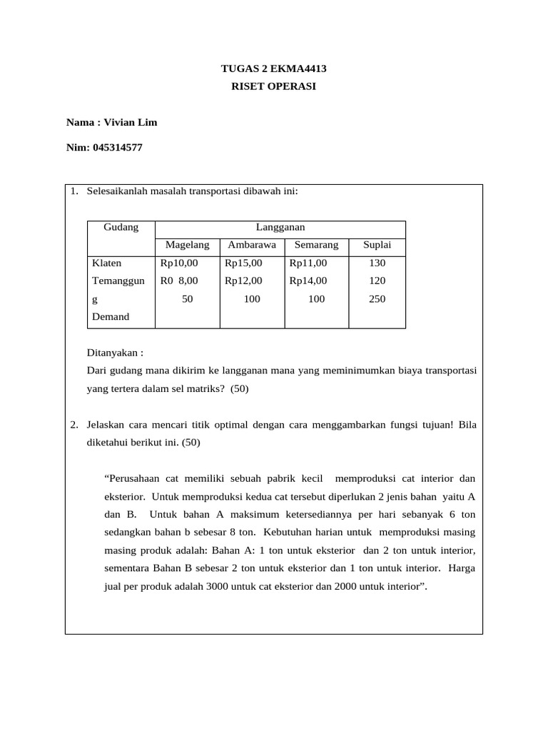 Tugas 2 Ekma4413 Riset Operasi | PDF