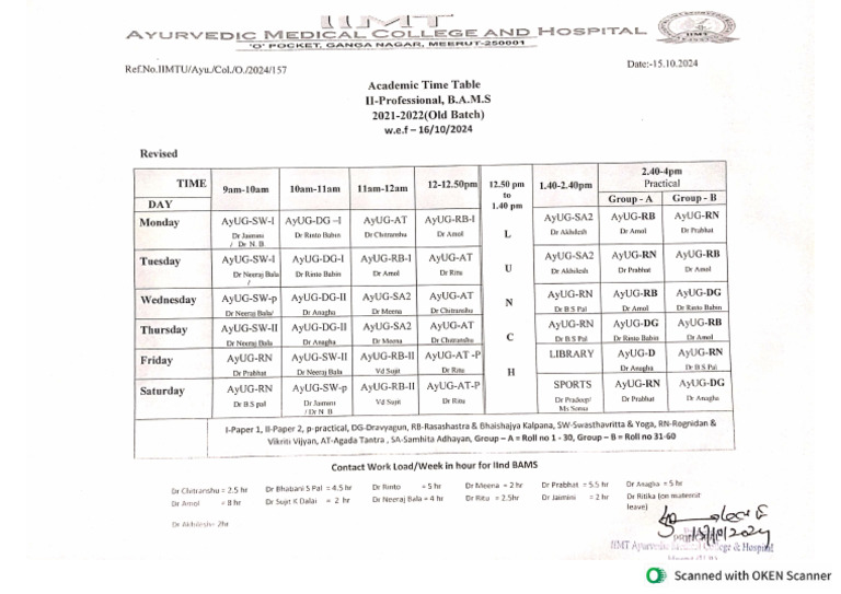 Time Table (2nd BAMS 2021-22) | PDF