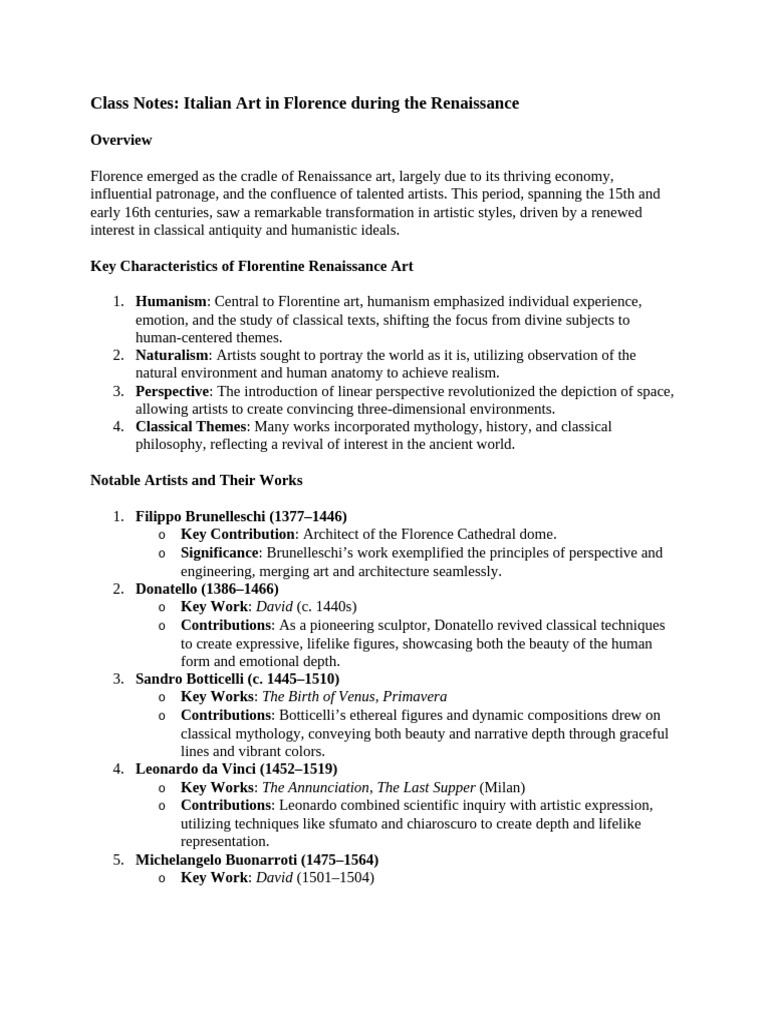 My personal notes on Art 443 Late Florentine Artwork | PDF