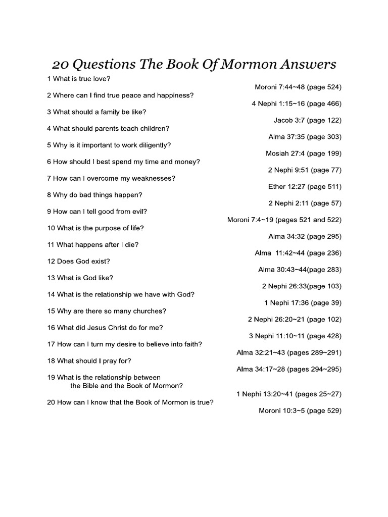 20 Questions The Book of Mormon Answers | PDF
