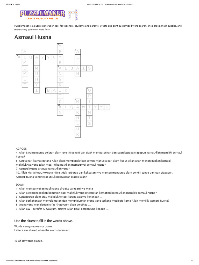 Criss Cross Puzzle - Discovery Education Puzzlemaker | PDF