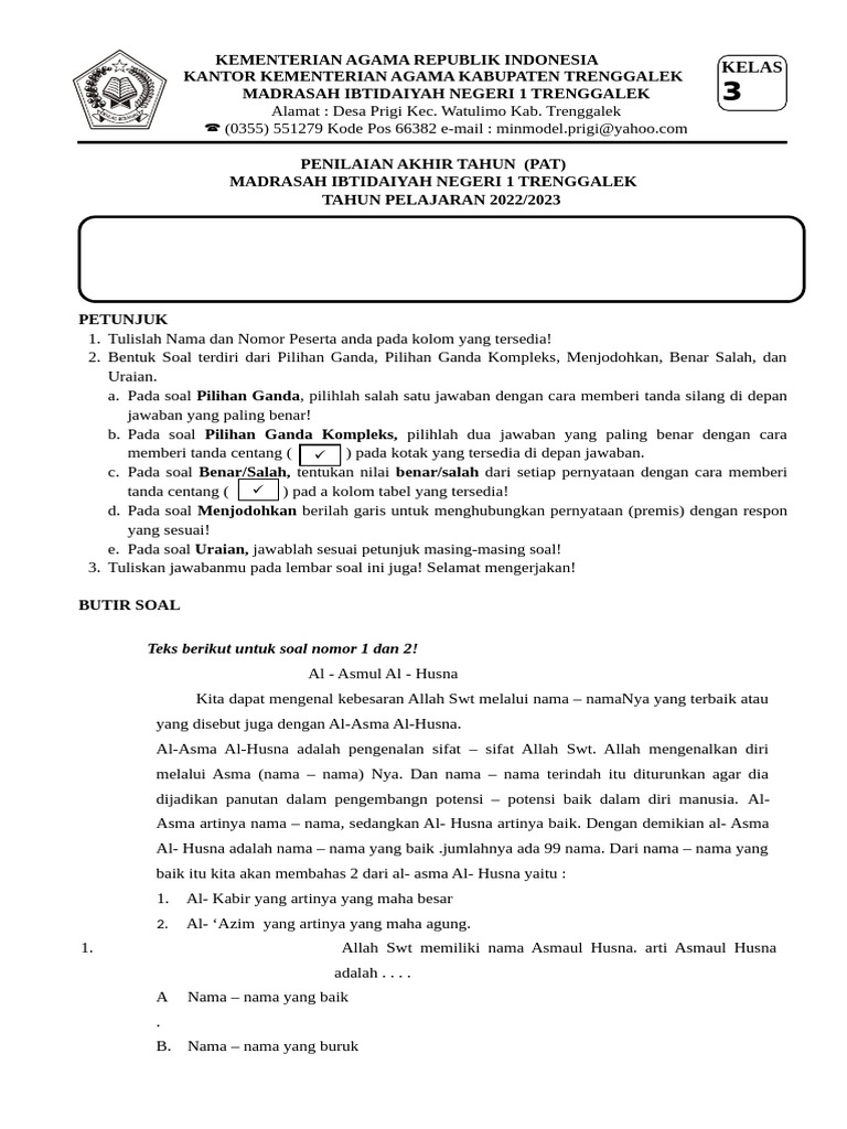 Master Soal Pat Kelas3 Aqidah. A | PDF