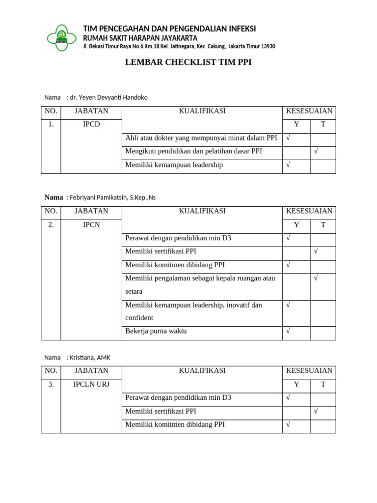 Lembar Checklist Tim Ppi | PDF