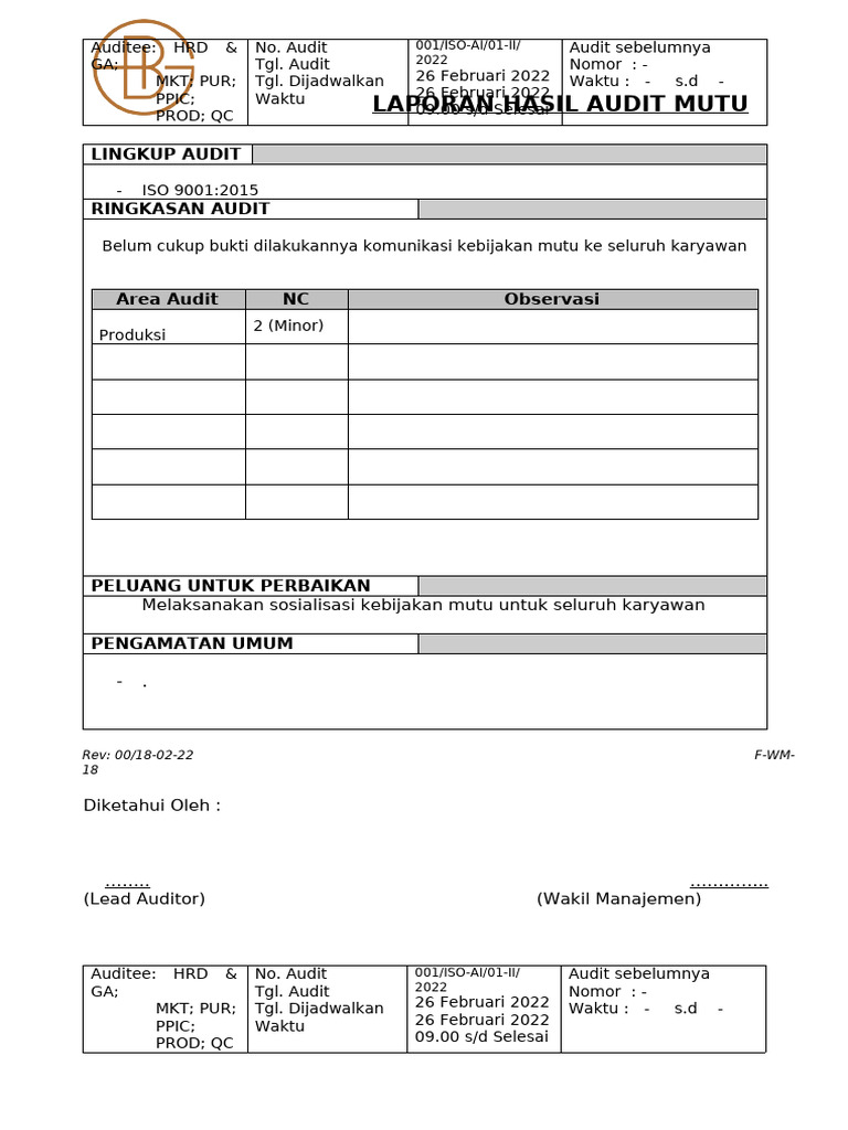 F-WM-18-00 Laporan Hasil Audit Mutu Internal (BIG) | PDF