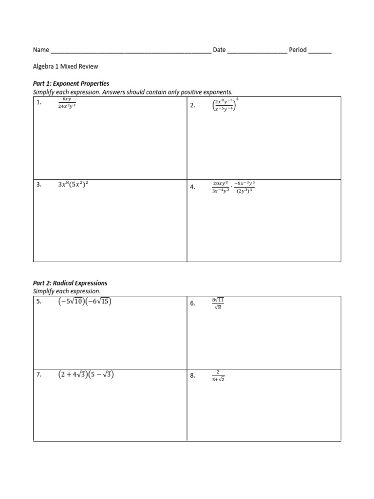 Part 1: Exponent Proper - Es: Simplify Each Expression. Answers Should ...