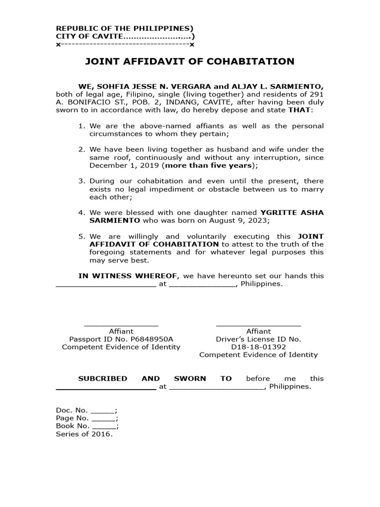 Joint Affidavit of Cohabitation | PDF | Finance & Money Management | Social Science