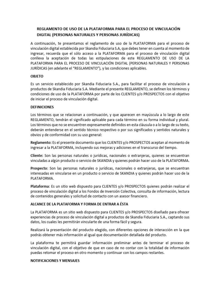Reglamento Plataforma Skandia | PDF