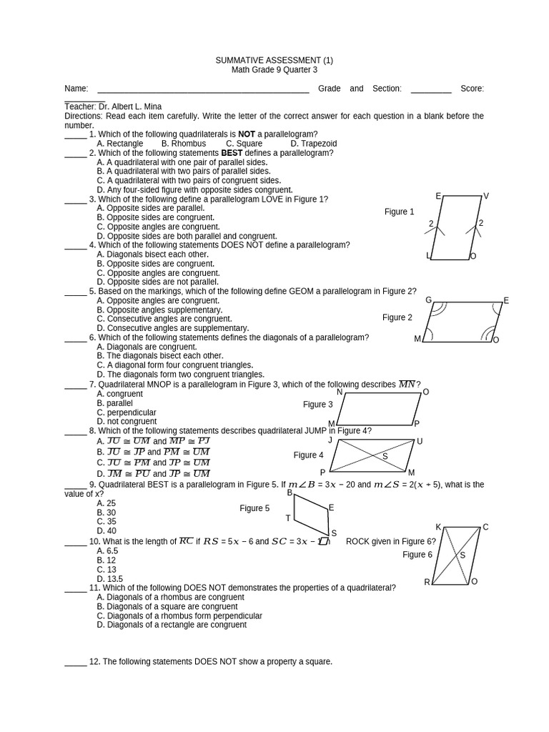 Summative Assessment 1 Q3 Math Grade 9 Quarter 3 | PDF