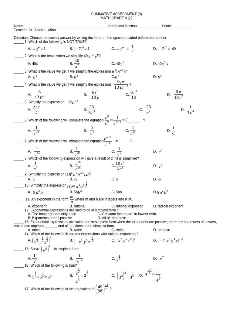 Summative Assessment 3 Math Grade 9 | PDF