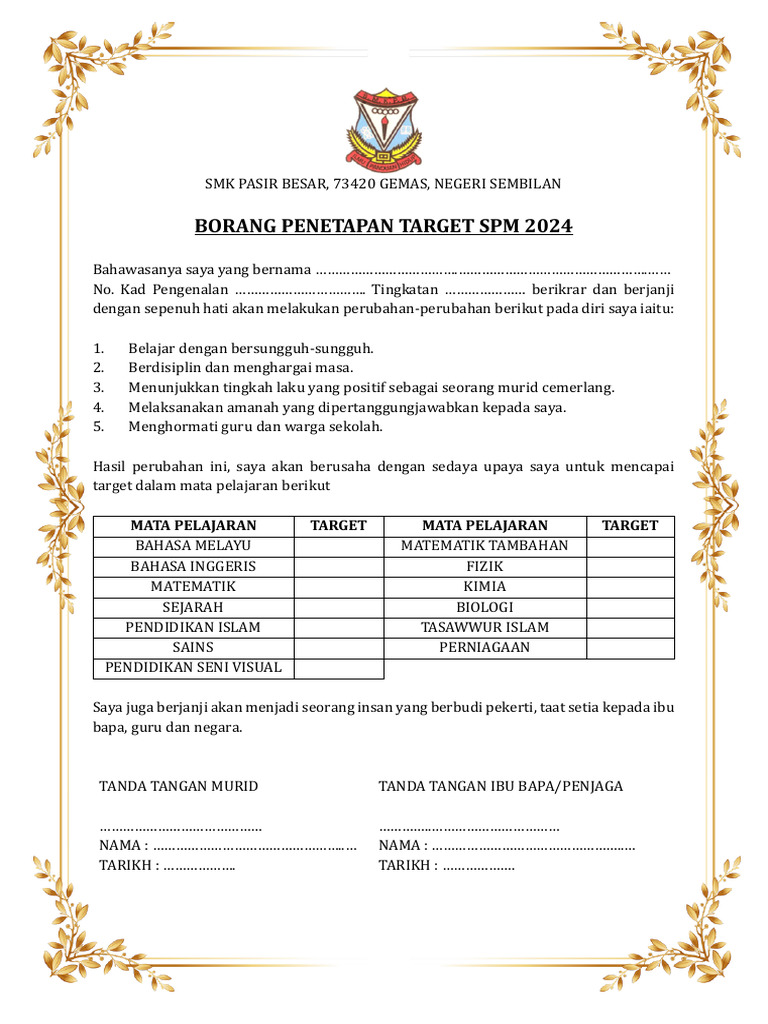 Borang Penetapan Target SPM 2024 | PDF