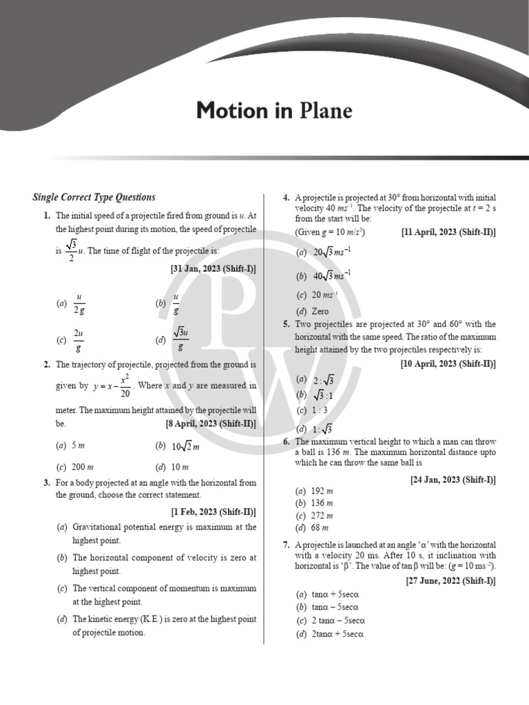 Motion in Plane - PYQ Practice Sheet | PDF