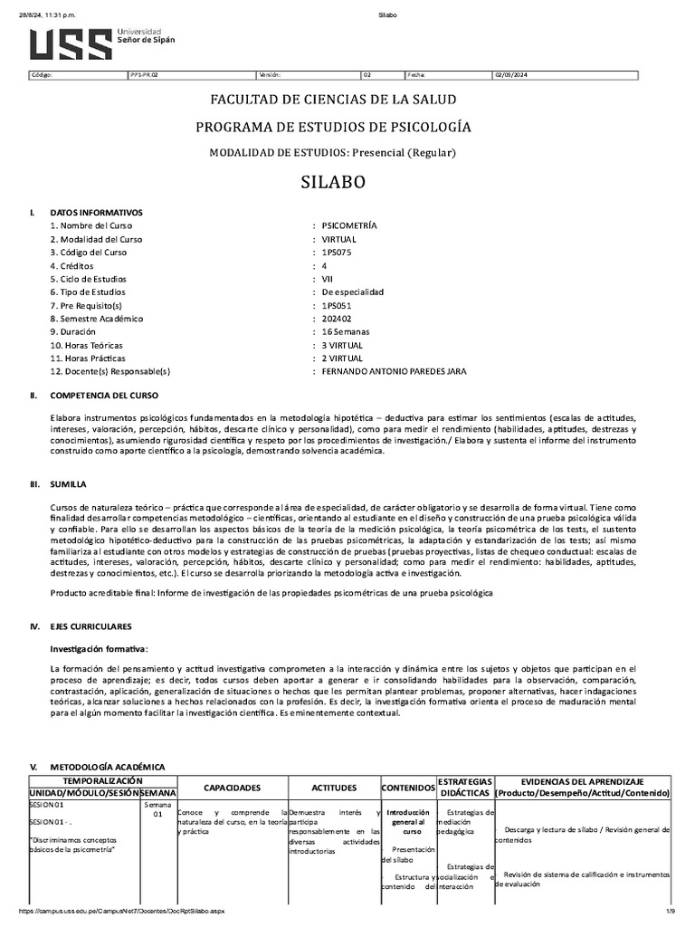 Sílabo de Psicometría 2024 II | PDF