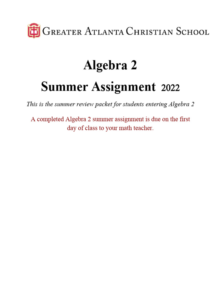BBC P Algebra 2 Summer Packet | PDF | Teaching Methods & Materials