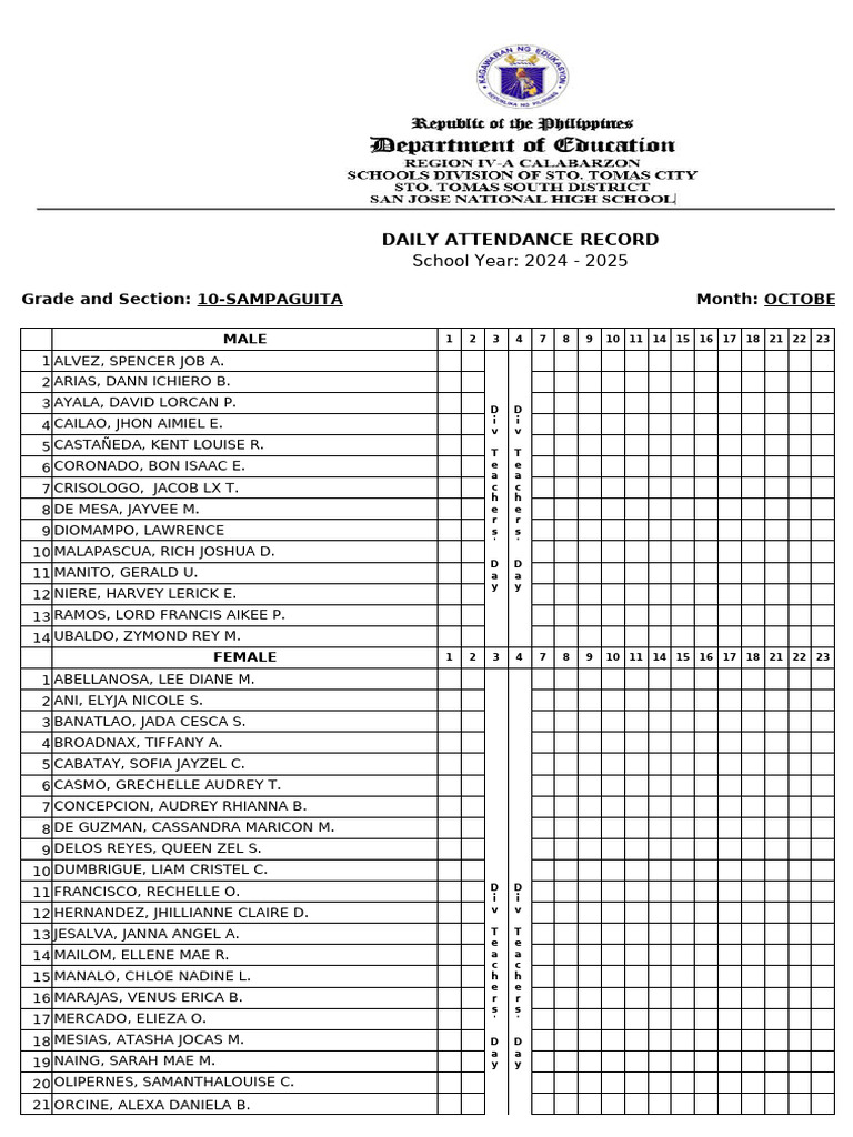 Daily Attendance Record 2024 2025 | PDF