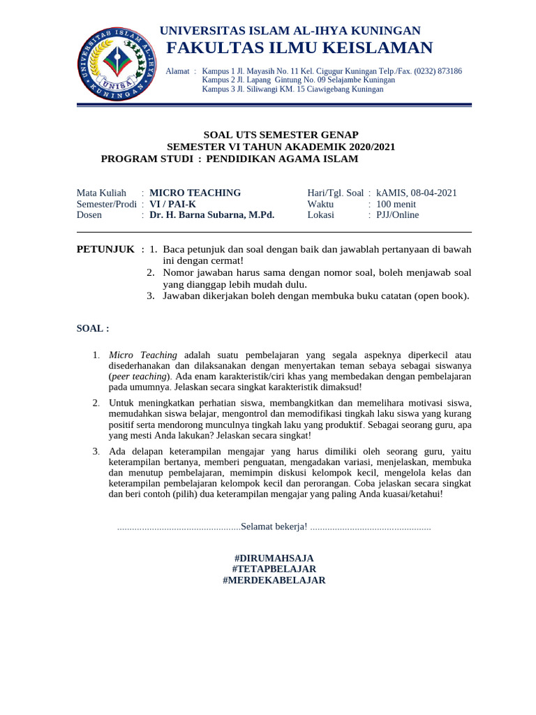 Naskah UTS MT Online Smt6K PAI 2020-2021 | PDF