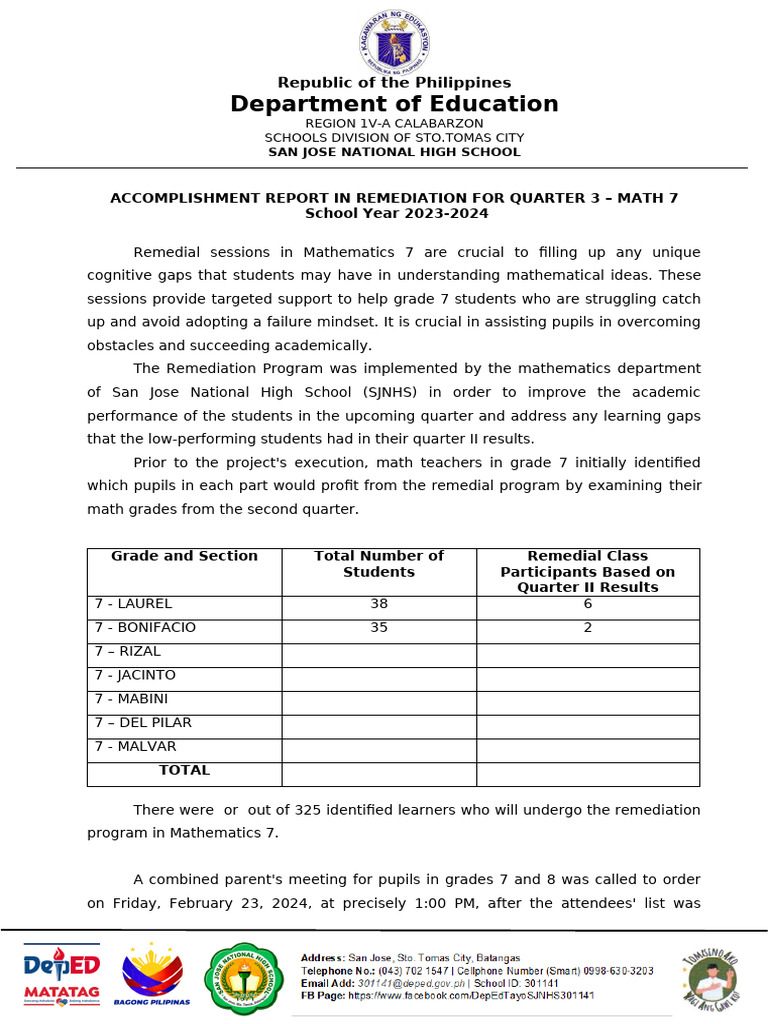 REMEDIATION-ACCOMPLISHMENT-REPORT-MATH 7 | PDF