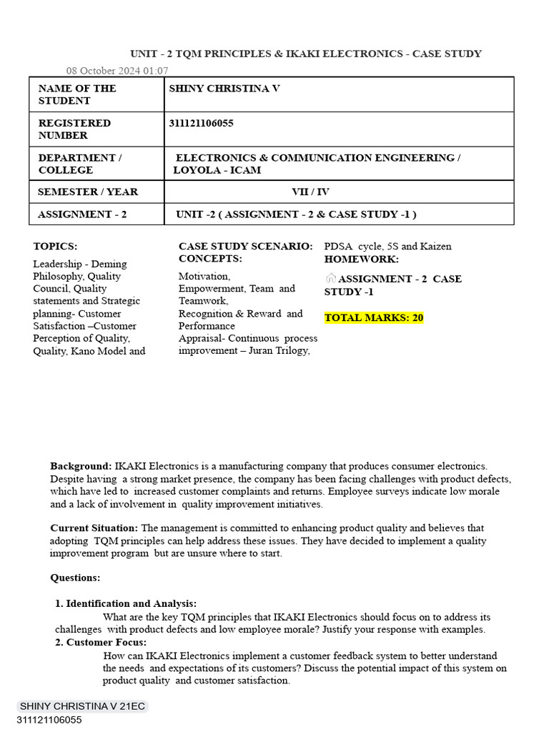 Unit - 2 TQM Principles & Ikaki Electronics - Case Study | PDF