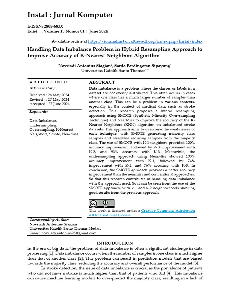 Handling Data Imbalance Problem in Hybrid Resampling Approach To Improve Accuracy of K-Nearest ...