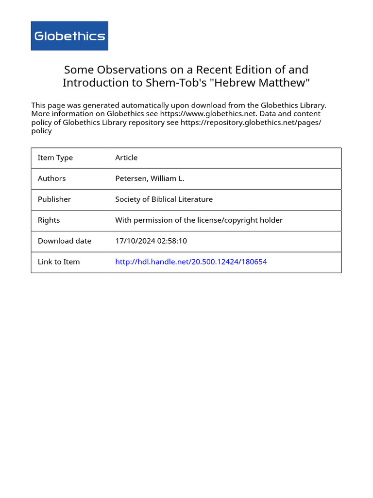 Introduction To Shem-Tob's Hebrew Matthew | PDF