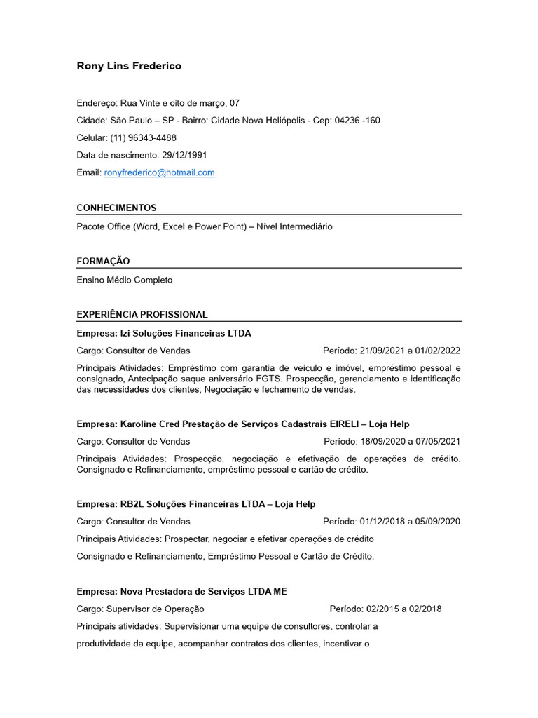Curriculo Rony | PDF
