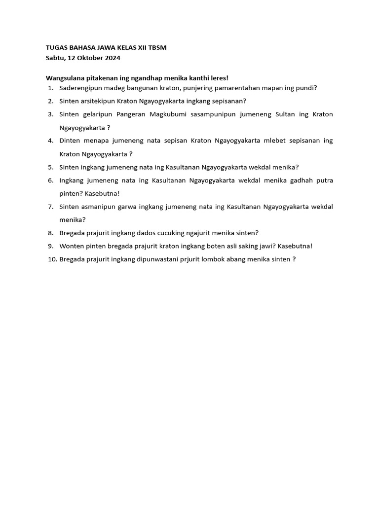 Tugas Bahasa Jawa Kelas Xii TBSM 12 Okt | PDF
