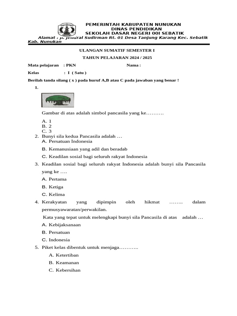 Soal Sumatif Kelas 1 Semester 1 Tahun 2024 | PDF