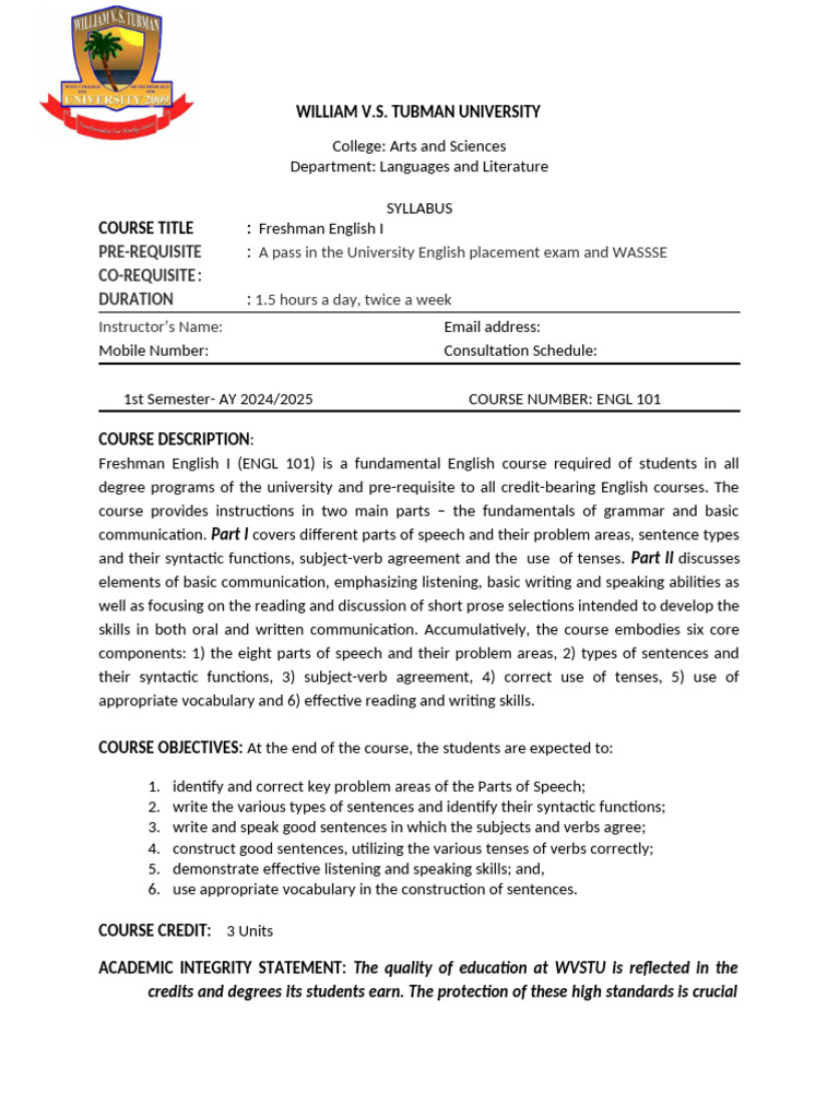 Freshman English I Syllabus Overview | PDF | Career & Growth