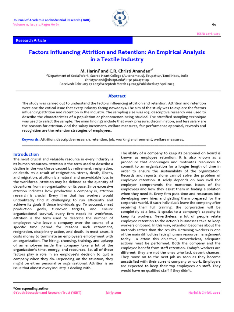 Factors Influencing Attrition and Retention Dr. Christi Anandan - Ms. Harini | PDF