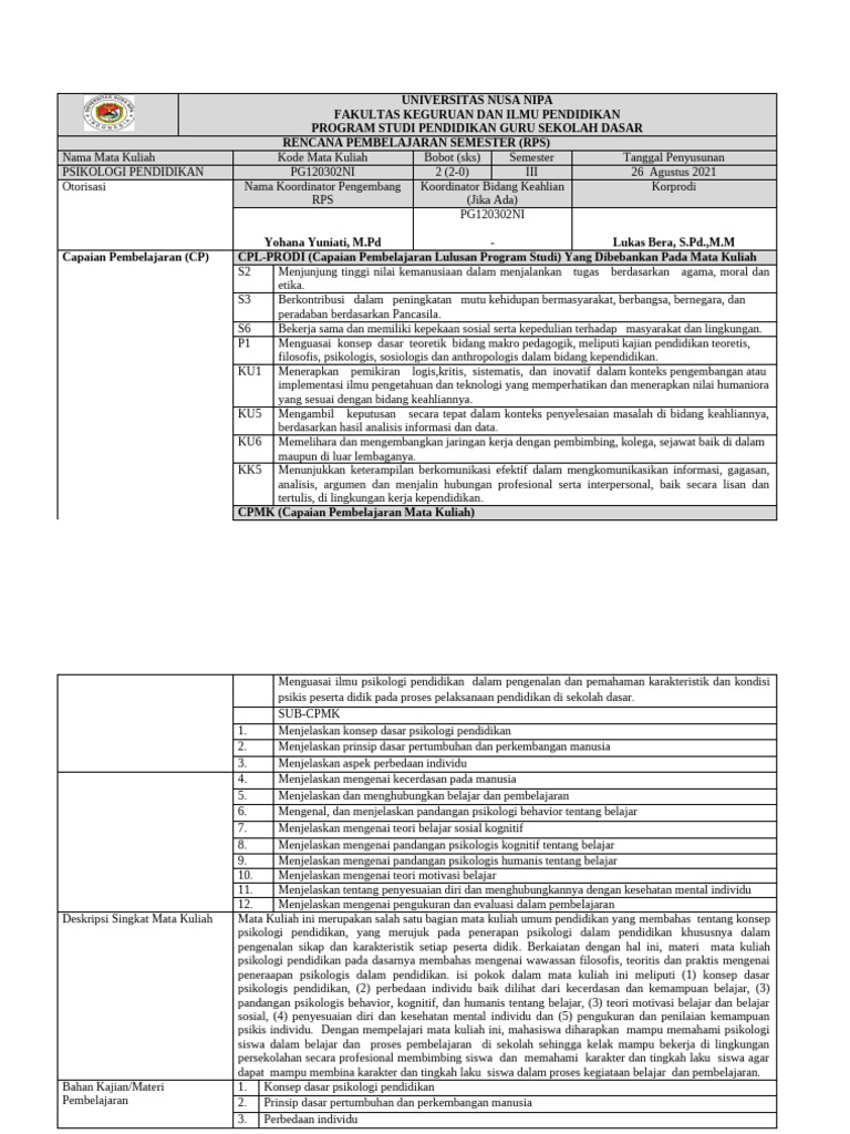 RPS Psikologi Pendidikan | PDF