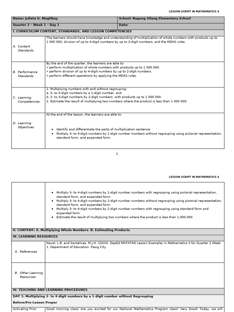 CO-2024-LS-Grade 4-NMP-Quarter 2-Week 1 | PDF